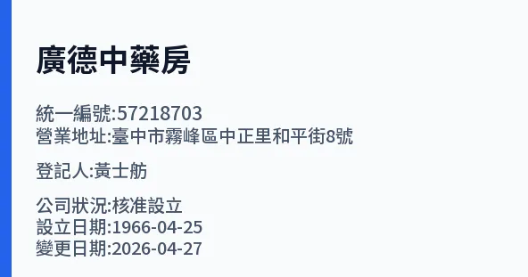 廣德中藥房的照片-統編 57218703(臺中市) 公司登記資料與營業項目詳細圖表