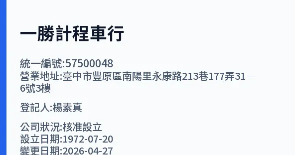 一勝計程車行的照片-統編 57500048(臺中市) 公司登記資料與營業項目詳細圖表