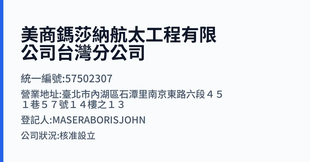 美商鎷莎納航太工程有限公司台灣分公司 - 統編 57502307(臺北市) 公司登記資料與營業項目詳細圖表