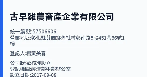 古早雞農畜產企業有限公司的照片-統編 57506606(彰化縣) 公司登記資料與營業項目詳細圖表