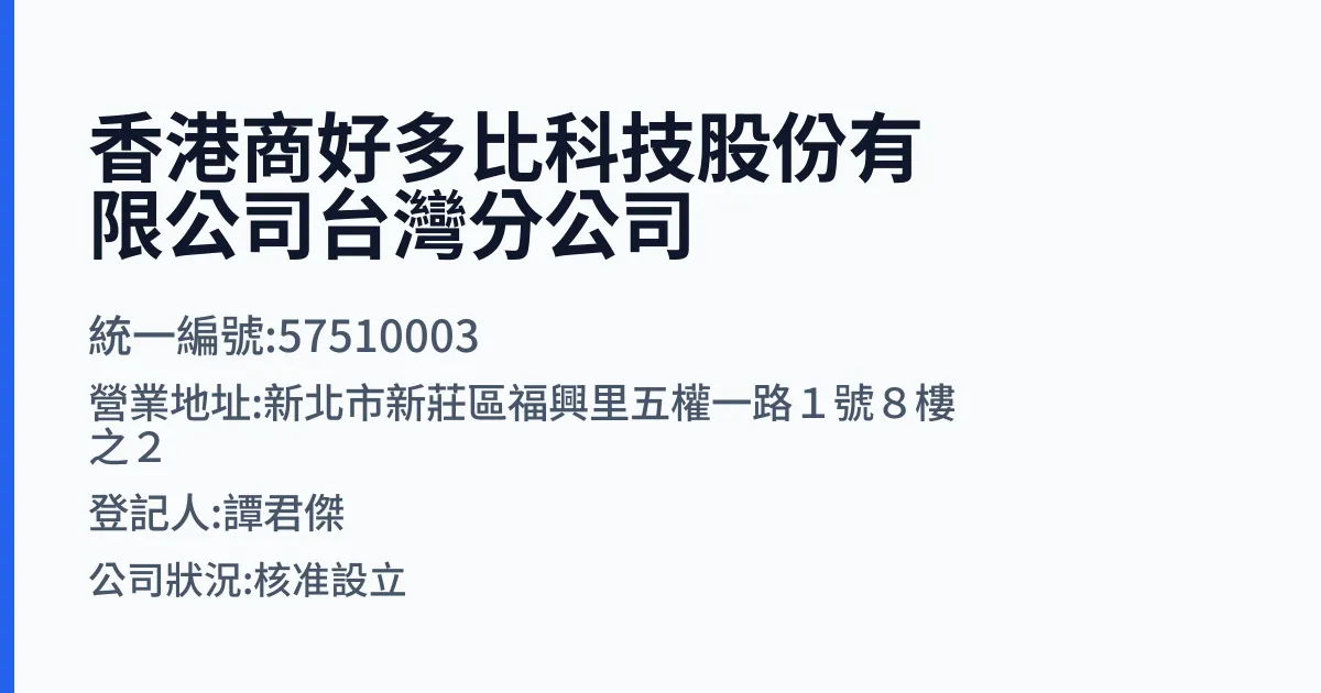香港商好多比科技股份有限公司台灣分公司 - 統編 57510003(臺北市) 公司登記資料與營業項目詳細圖表