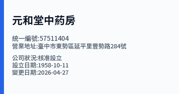 元和堂中葯房的照片-統編 57511404(臺中市) 公司登記資料與營業項目詳細圖表