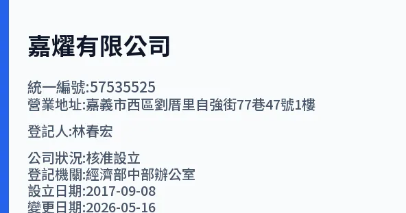 嘉燿有限公司的照片-統編 57535525(嘉義市) 公司登記資料與營業項目詳細圖表