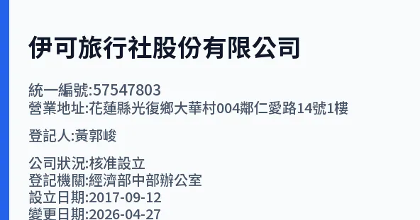 伊可旅行社股份有限公司的照片-統編 57547803(花蓮縣) 公司登記資料與營業項目詳細圖表