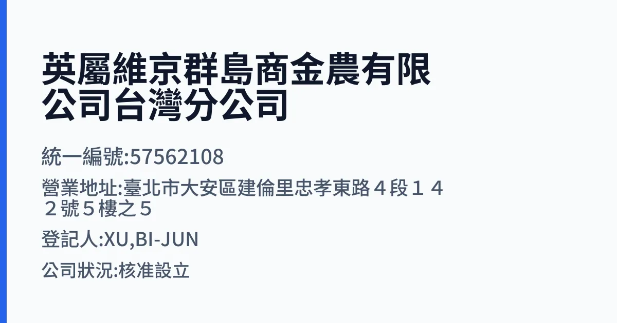 英屬維京群島商金農有限公司台灣分公司 - 統編 57562108(臺北市) 公司登記資料與營業項目詳細圖表