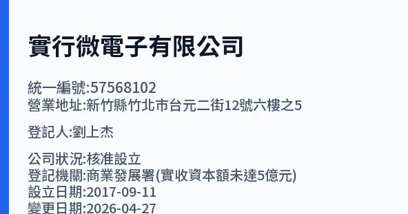 實行微電子有限公司的照片-統編 57568102(新竹縣) 公司登記資料與營業項目詳細圖表