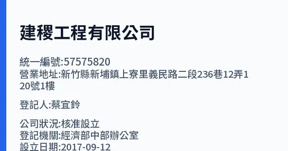 建稷工程有限公司的照片-統編 57575820(新竹縣) 公司登記資料與營業項目詳細圖表