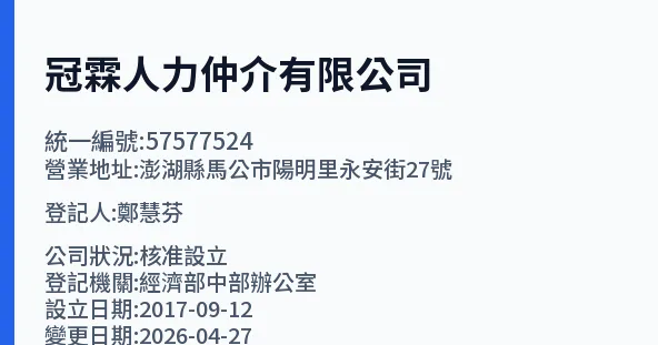 冠霖人力仲介有限公司的照片-統編 57577524(澎湖縣) 公司登記資料與營業項目詳細圖表