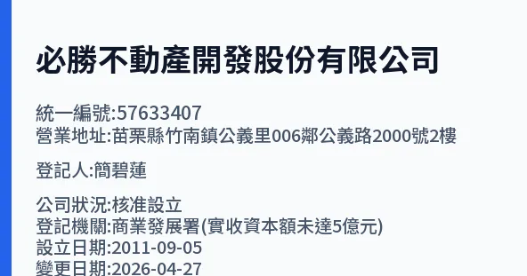 必勝不動產開發股份有限公司的照片-統編 57633407(苗栗縣) 公司登記資料與營業項目詳細圖表
