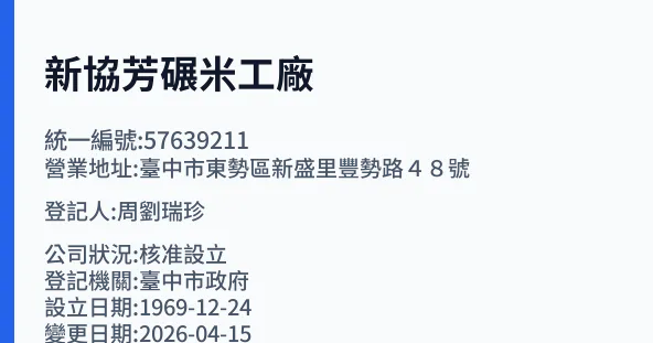 新協芳碾米工廠的照片-統編 57639211(臺中市) 公司登記資料與營業項目詳細圖表