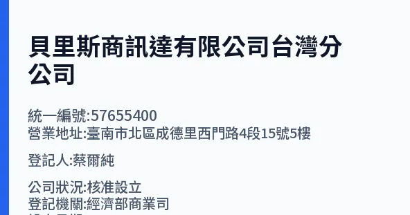 貝里斯商訊達有限公司台灣分公司的照片-統編 57655400(臺南市) 公司登記資料與營業項目詳細圖表
