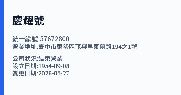 慶耀號的照片-統編 57672800(臺中市) 公司登記資料與營業項目詳細圖表