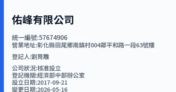 佑峰有限公司的照片-統編 57674906(彰化縣) 公司登記資料與營業項目詳細圖表