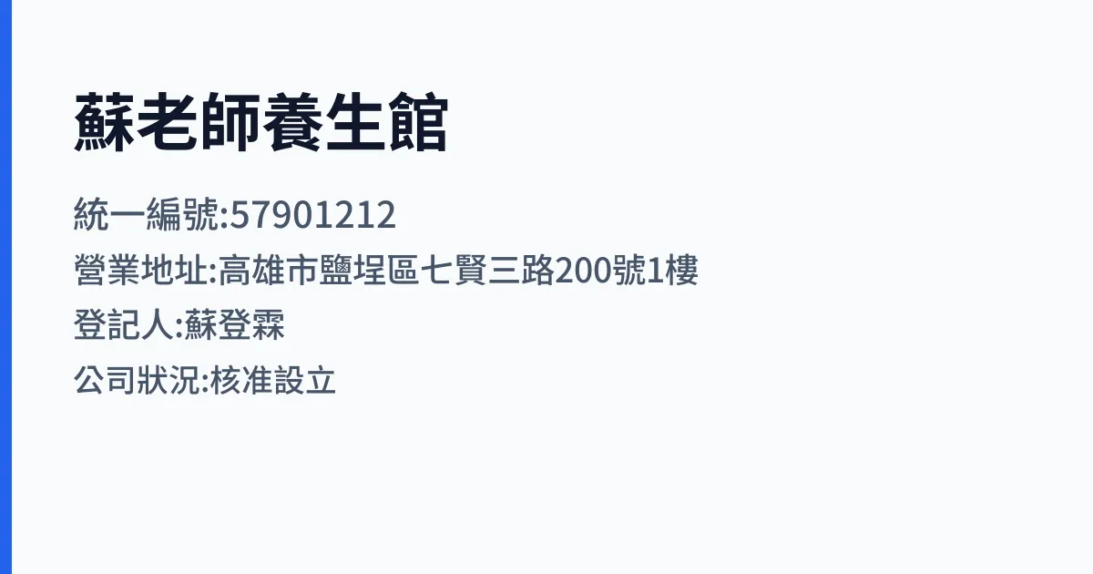 蘇老師養生館 - 統編 57901212(高雄市) 公司登記資料與營業項目詳細圖表