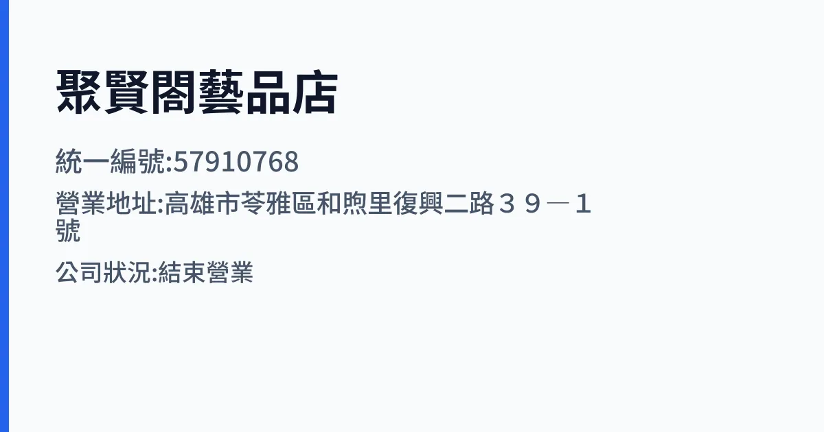 聚賢閤藝品店 - 統編 57910768(高雄市) 公司登記資料與營業項目詳細圖表