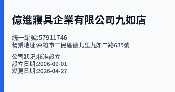 億進寢具企業有限公司九如店的照片-統編 57911746(高雄市) 公司登記資料與營業項目詳細圖表