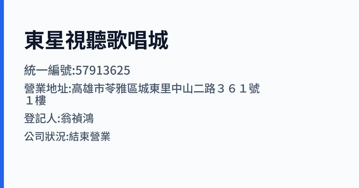 東星視聽歌唱城 - 統編 57913625（高雄市） 公司登記資料與營業項目詳細圖表
