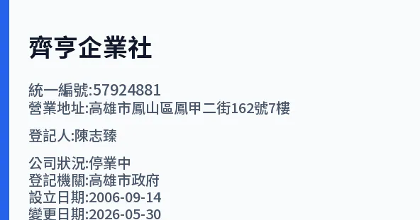 齊亨企業社的照片-統編 57924881(高雄市) 公司登記資料與營業項目詳細圖表