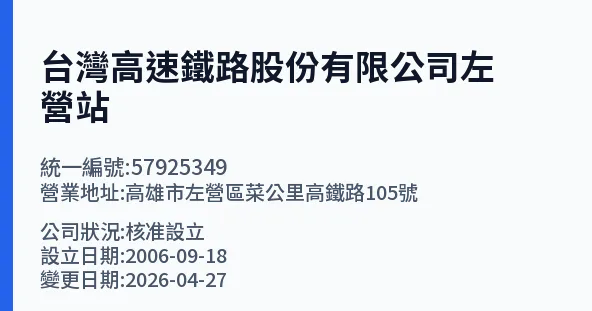 台灣高速鐵路股份有限公司左營站的照片-統編 57925349(高雄市) 公司登記資料與營業項目詳細圖表