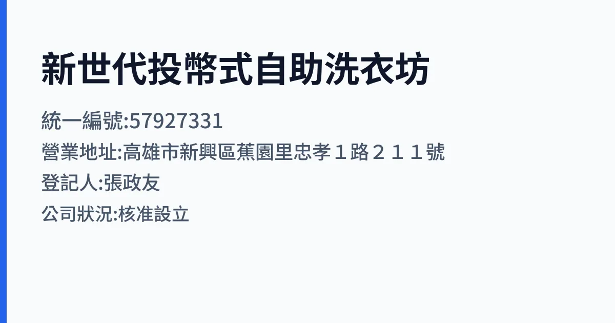 新世代投幣式自助洗衣坊 - 統編 57927331(高雄市) 公司登記資料與營業項目詳細圖表