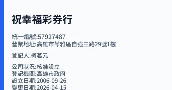 祝幸福彩券行的照片-統編 57927487(高雄市) 公司登記資料與營業項目詳細圖表