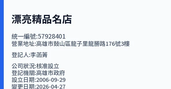 漂亮精品名店的照片-統編 57928401(高雄市) 公司登記資料與營業項目詳細圖表