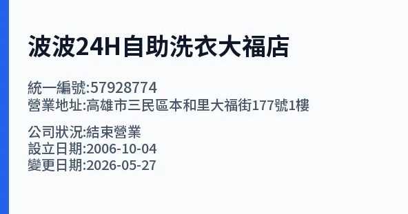 波波24H自助洗衣大福店的照片-統編 57928774(高雄市) 公司登記資料與營業項目詳細圖表