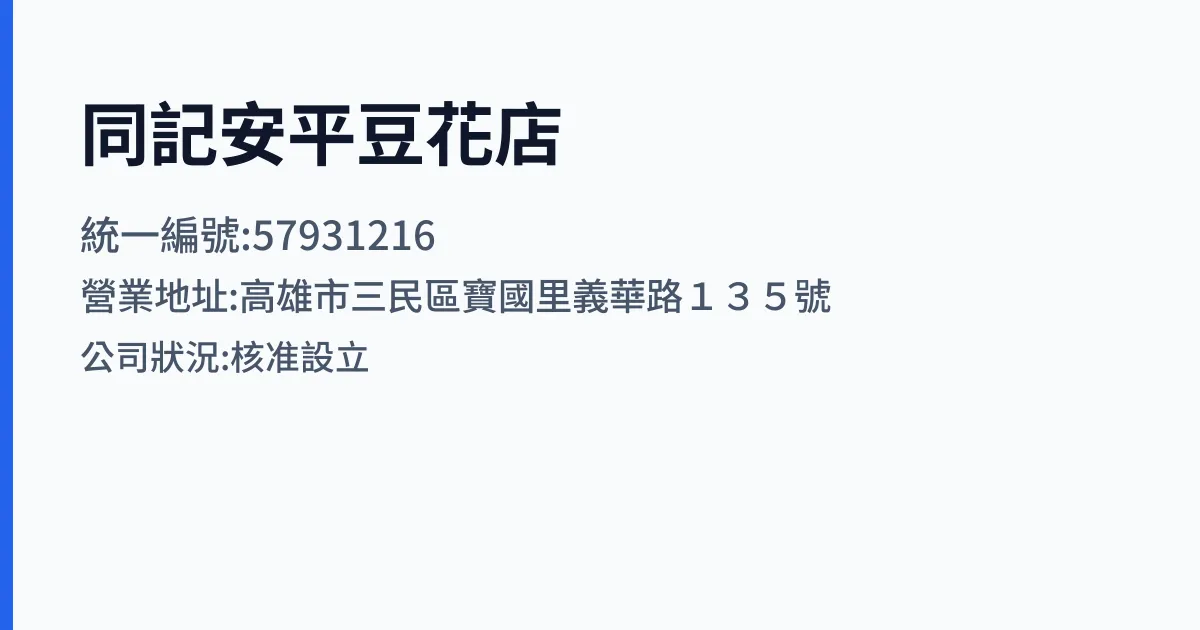 同記安平豆花店 - 統編 57931216(高雄市) 公司登記資料與營業項目詳細圖表