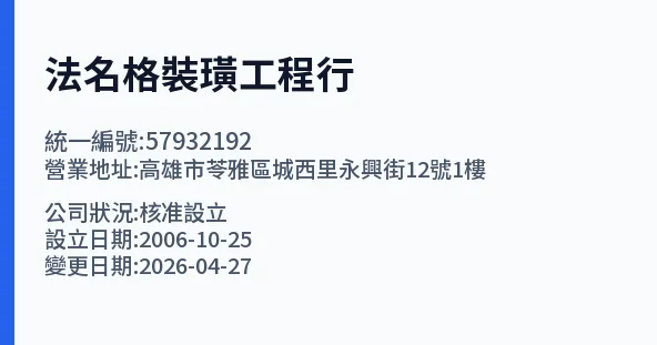 法名格裝璜工程行的照片-統編 57932192(高雄市) 公司登記資料與營業項目詳細圖表