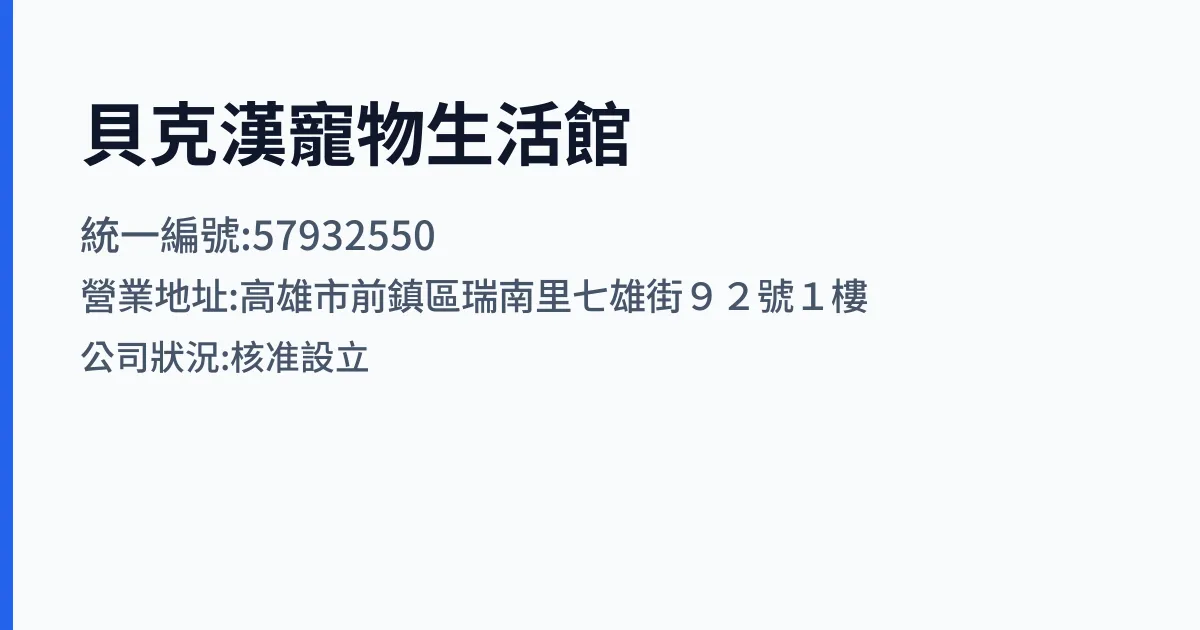 貝克漢寵物生活館 - 統編 57932550(高雄市) 公司登記資料與營業項目詳細圖表