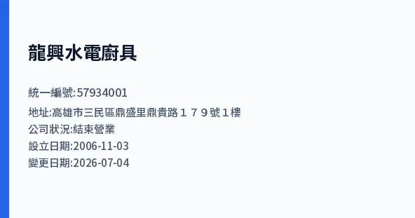 龍興水電廚具的照片-統編 57934001(高雄市) 公司登記資料與營業項目詳細圖表