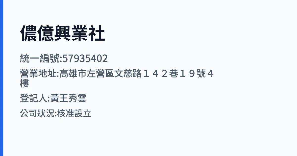 儂億興業社 - 統編 57935402(高雄市) 公司登記資料與營業項目詳細圖表