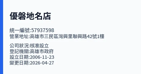 優磐地名店的照片-統編 57937598(高雄市) 公司登記資料與營業項目詳細圖表