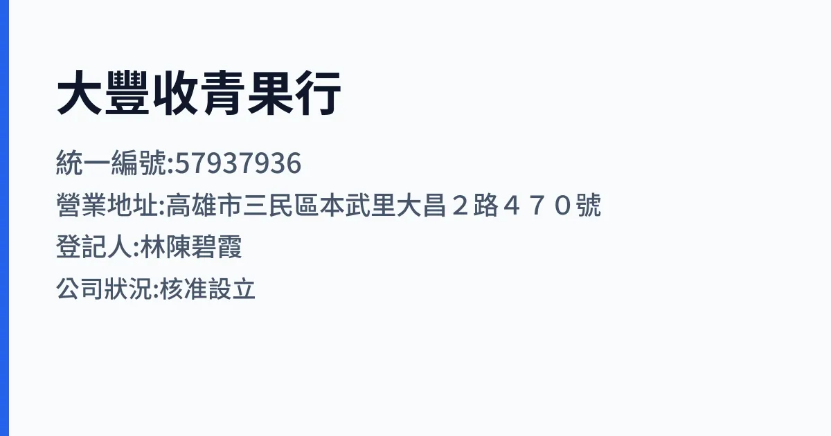 大豐收青果行 - 統編 57937936(高雄市) 公司登記資料與營業項目詳細圖表