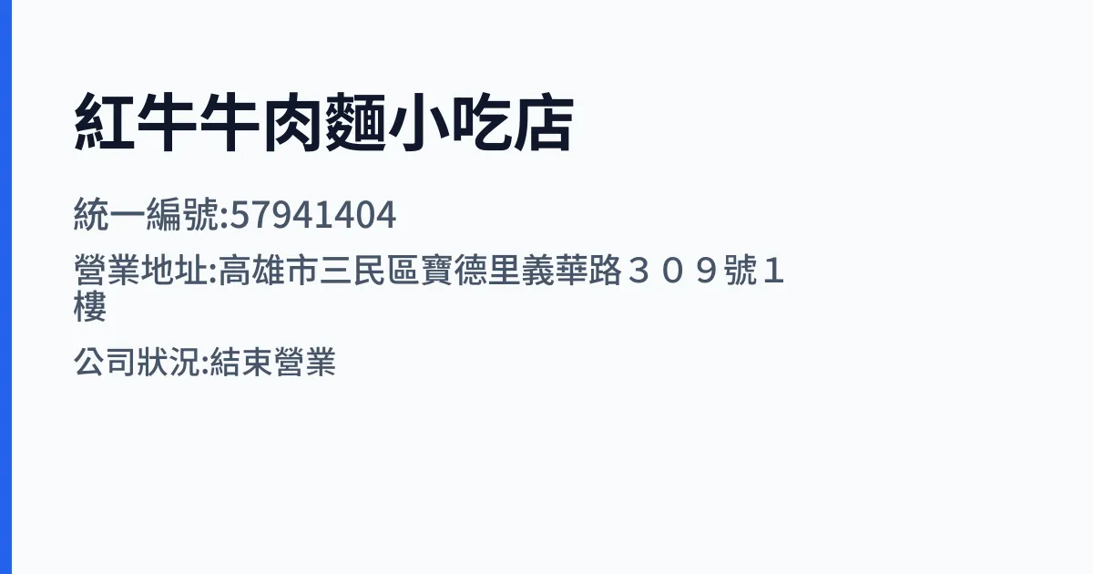 紅牛牛肉麵小吃店 - 統編 57941404(高雄市) 公司登記資料與營業項目詳細圖表