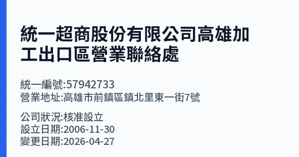 統一超商股份有限公司高雄加工出口區營業聯絡處的照片-統編 57942733(高雄市) 公司登記資料與營業項目詳細圖表