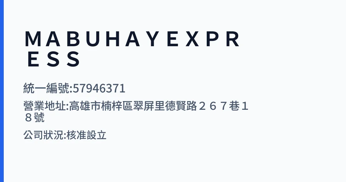ＭＡＢＵＨＡＹＥＸＰＲＥＳＳ - 統編 57946371(高雄市) 公司登記資料與營業項目詳細圖表