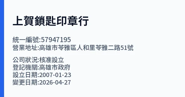上賀鎖匙印章行的照片-統編 57947195(高雄市) 公司登記資料與營業項目詳細圖表