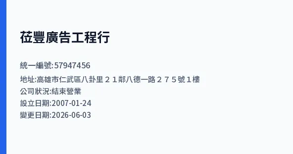 莅豐廣告工程行的照片-統編 57947456(高雄市) 公司登記資料與營業項目詳細圖表