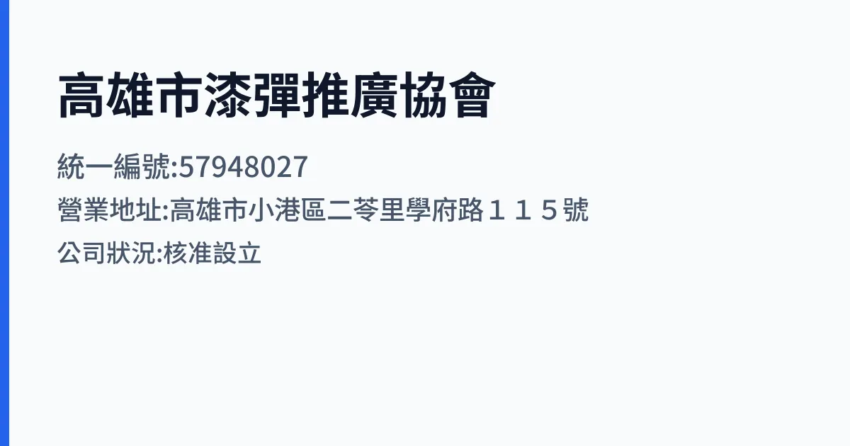 高雄市漆彈推廣協會 - 統編 57948027(高雄市) 公司登記資料與營業項目詳細圖表