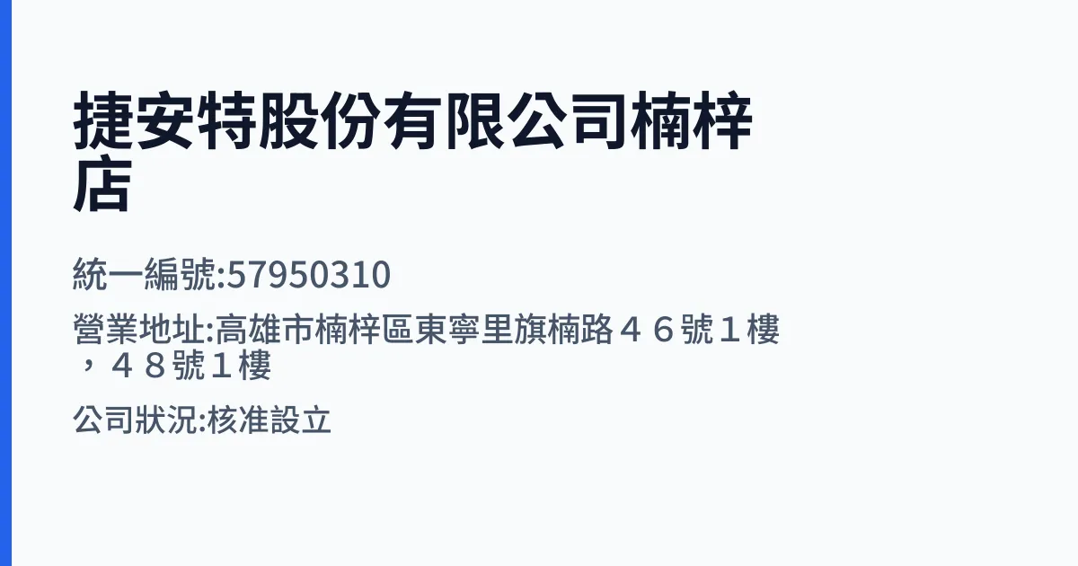 捷安特股份有限公司楠梓店 - 統編 57950310(高雄市) 公司登記資料與營業項目詳細圖表