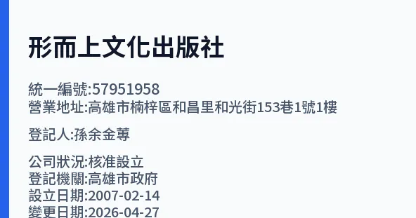 形而上文化出版社的照片-統編 57951958(高雄市) 公司登記資料與營業項目詳細圖表