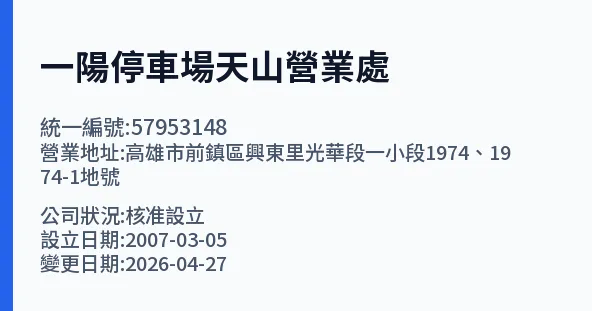 一陽停車場天山營業處的照片-統編 57953148(高雄市) 公司登記資料與營業項目詳細圖表