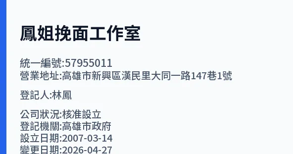 鳳姐挽面工作室的照片-統編 57955011(高雄市) 公司登記資料與營業項目詳細圖表