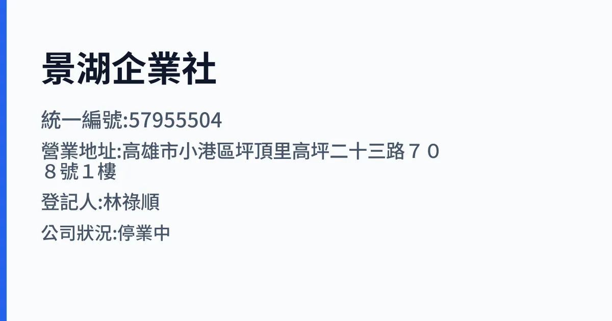 景湖企業社 - 統編 57955504(高雄市) 公司登記資料與營業項目詳細圖表