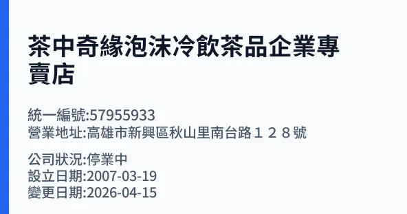 茶中奇緣泡沫冷飲茶品企業專賣店的照片-統編 57955933(高雄市) 公司登記資料與營業項目詳細圖表