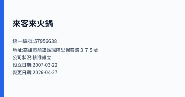 來客來火鍋的照片-統編 57956638(高雄市) 公司登記資料與營業項目詳細圖表