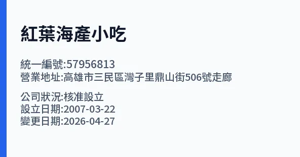 紅葉海產小吃的照片-統編 57956813(高雄市) 公司登記資料與營業項目詳細圖表