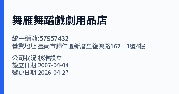 舞雁舞蹈戲劇用品店的照片-統編 57957432(臺南市) 公司登記資料與營業項目詳細圖表