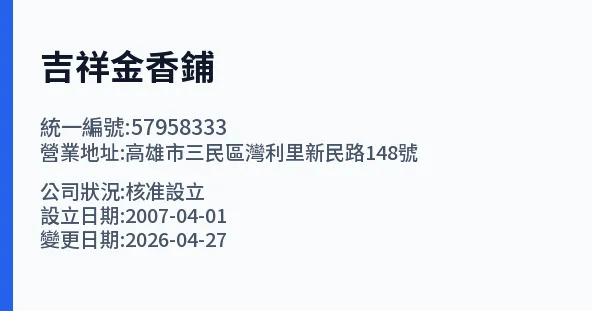 吉祥金香鋪的照片-統編 57958333(高雄市) 公司登記資料與營業項目詳細圖表